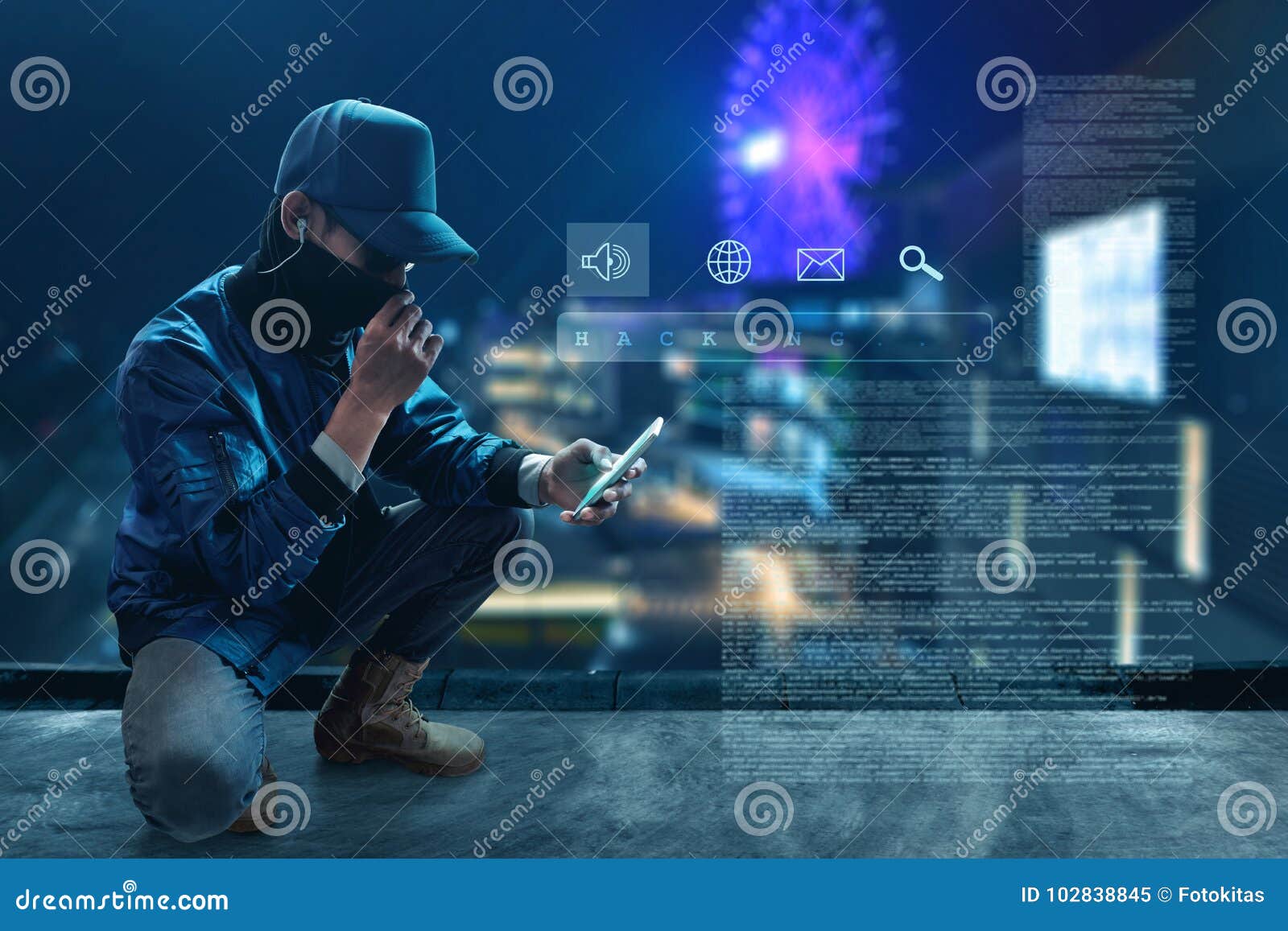 Unknown Hacker Use Mobile Phone on Rooftop Stock Image - Image of ...