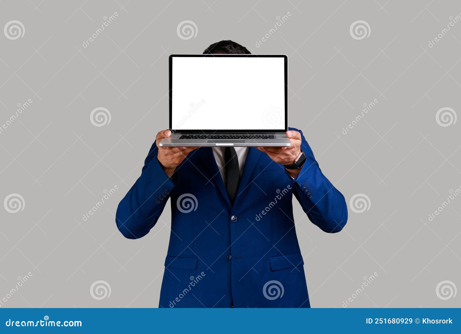 Unknown Man Hiding His Face Behind Laptop with White Blank Display with ...