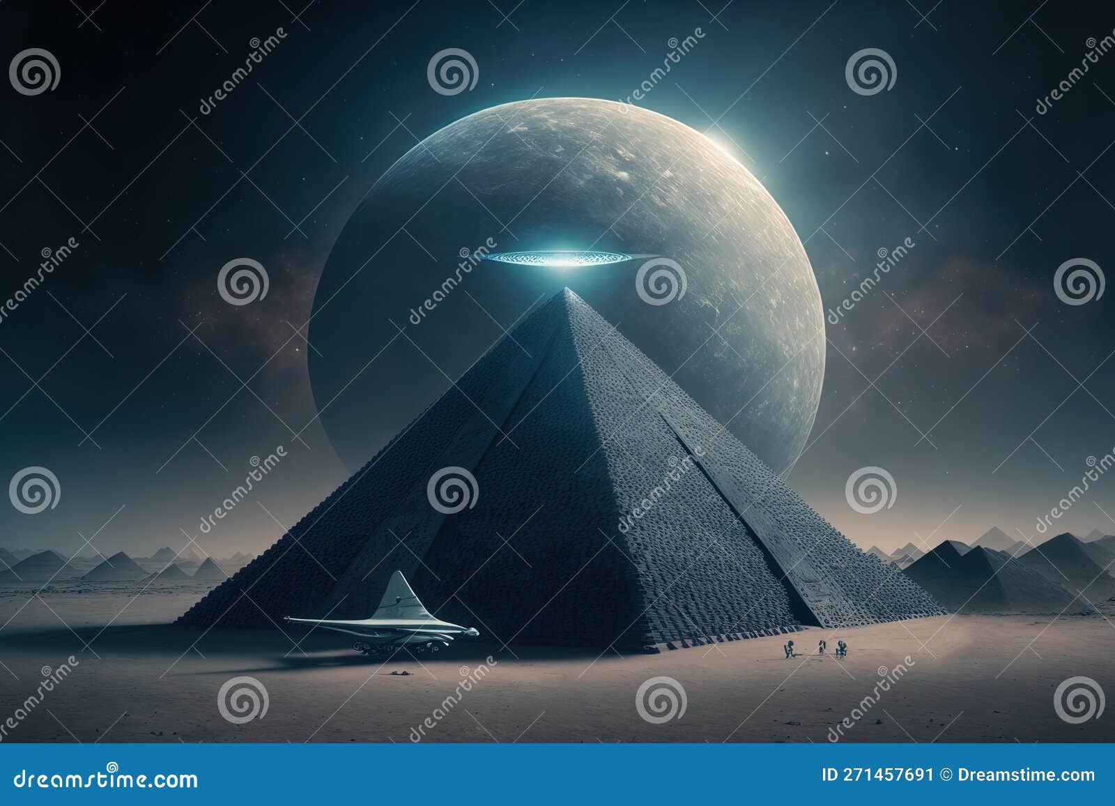 Unknown Planet. Alien Spacecraft Landed Near Pyramid Stock Illustration ...