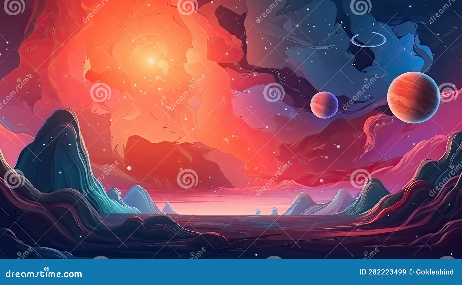 Unknown Planet Surface with Planets and Stars in the Night Sky ...