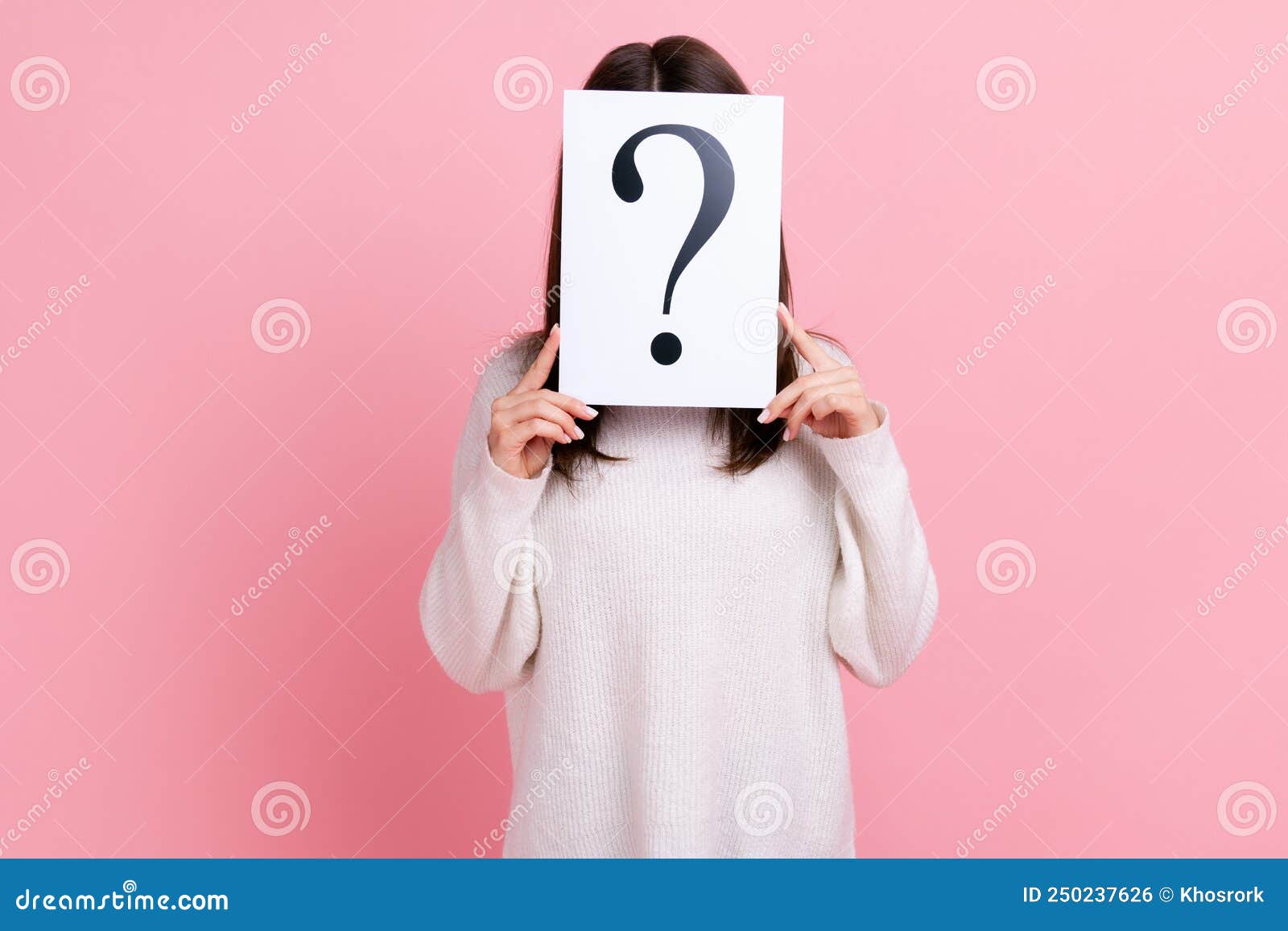 Unknown Shy Female Standing Hiding Face Behind Paper with Question Mark ...