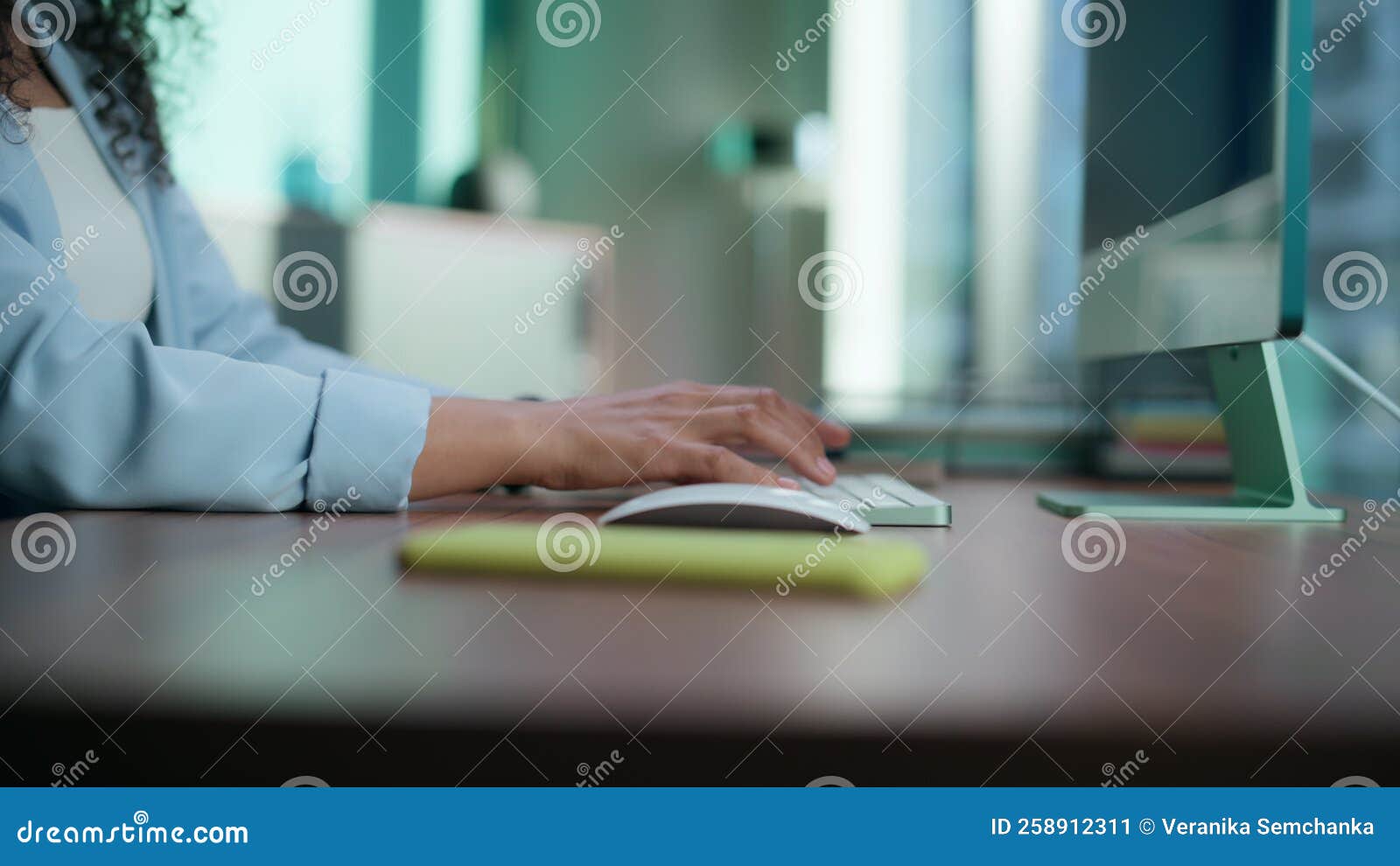 Unknown Woman Typing Using Computer Mouse Closeup. Boss Fingers ...