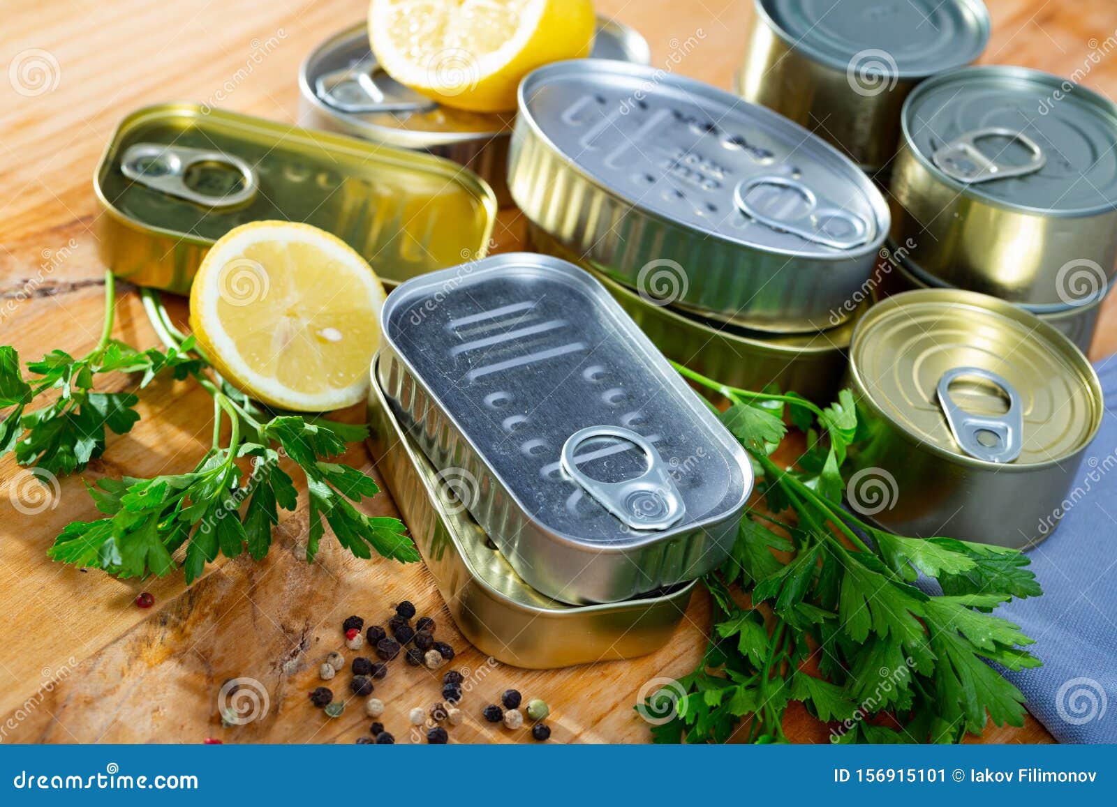 Unlabeled Tin Cans on Table Stock Image - Image of meal, cutout: 156915101
