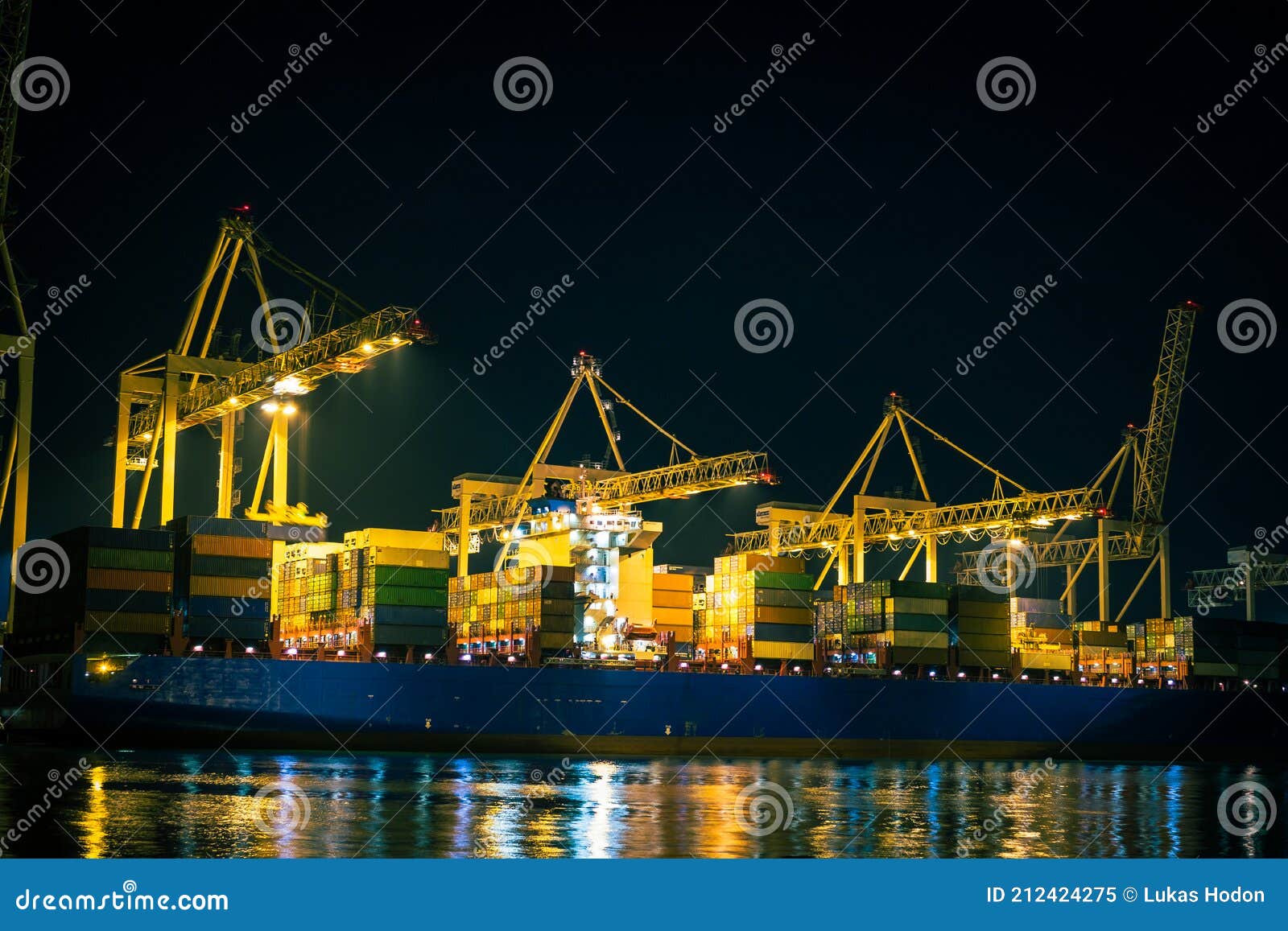 Unloading Big Container Cargo Ship with Lot of Cranes at the Dock ...