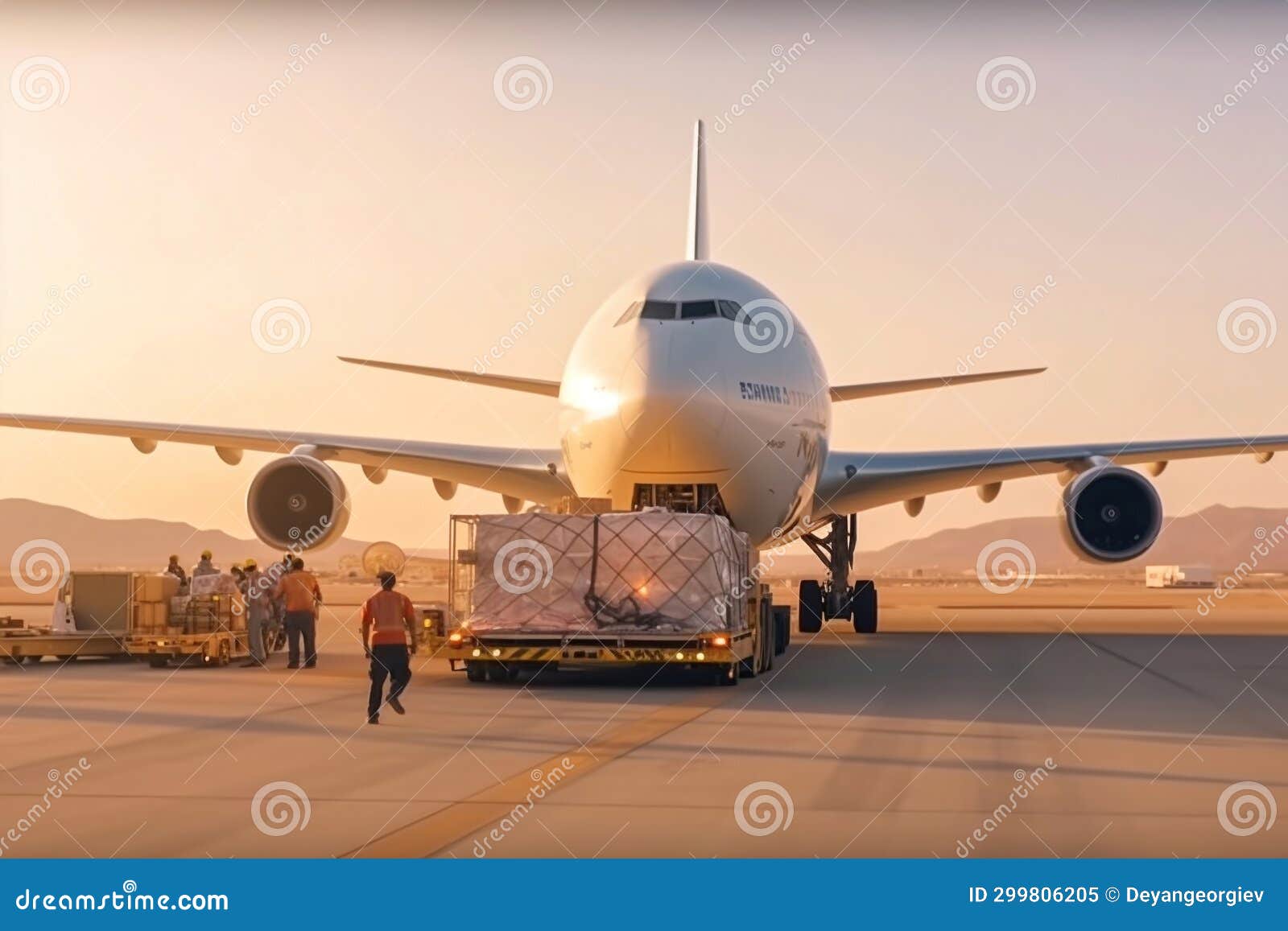 Unloading Widebody Cargo Airplane At The Airport. Generative AI Royalty ...