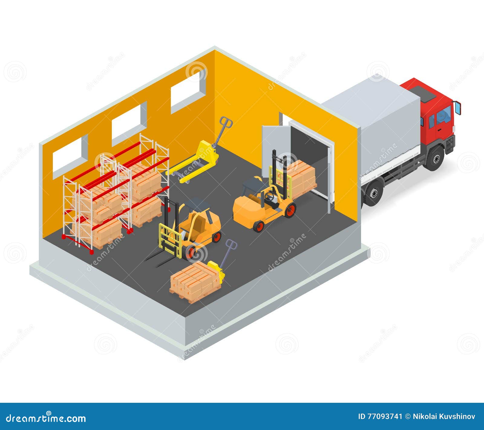 Unloading of Goods in a Warehouse Using Forklift. Stock Vector ...