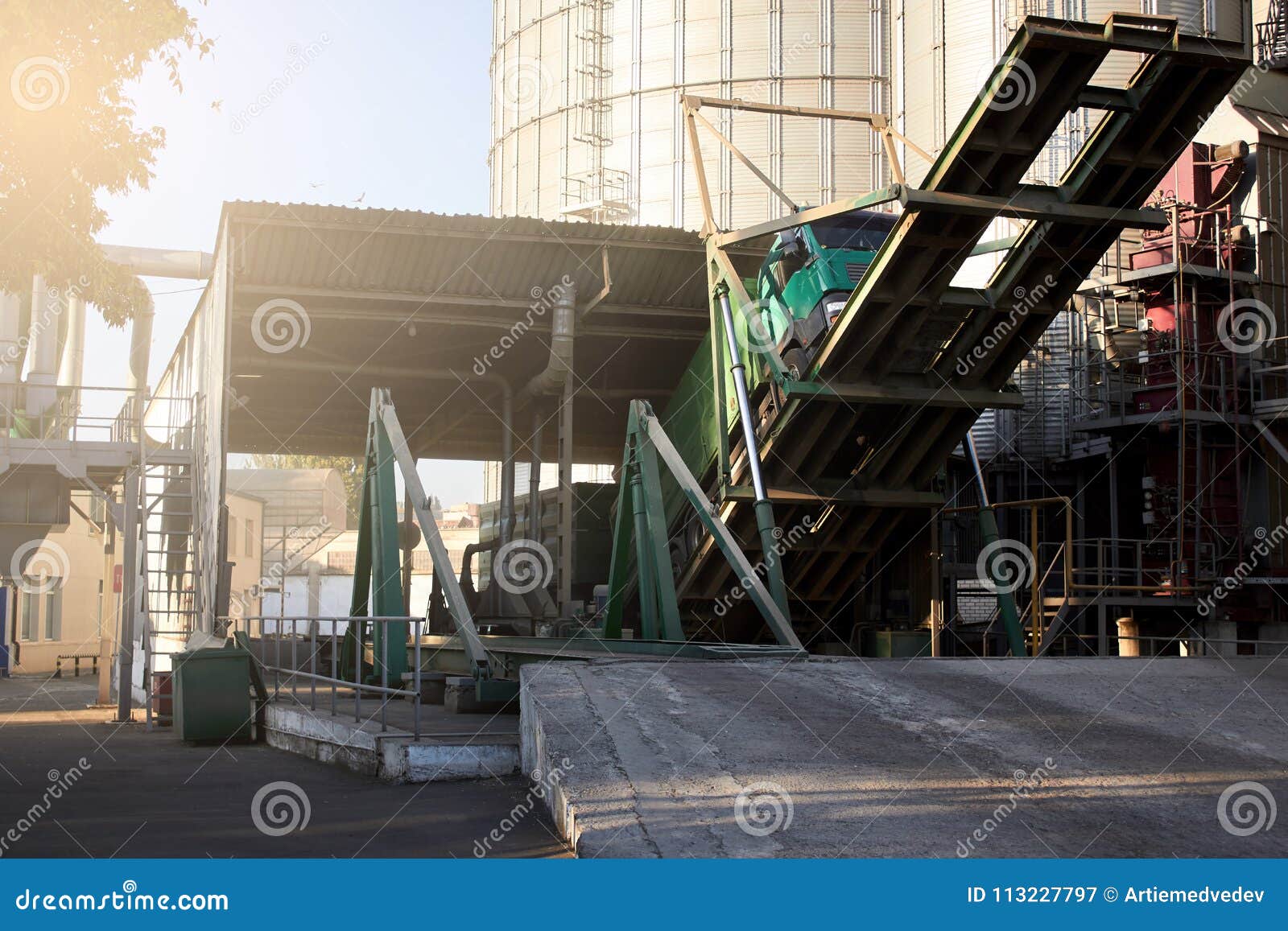 Unloading Grain Truck at Elevator on Elevating Hydraulic Platform ...