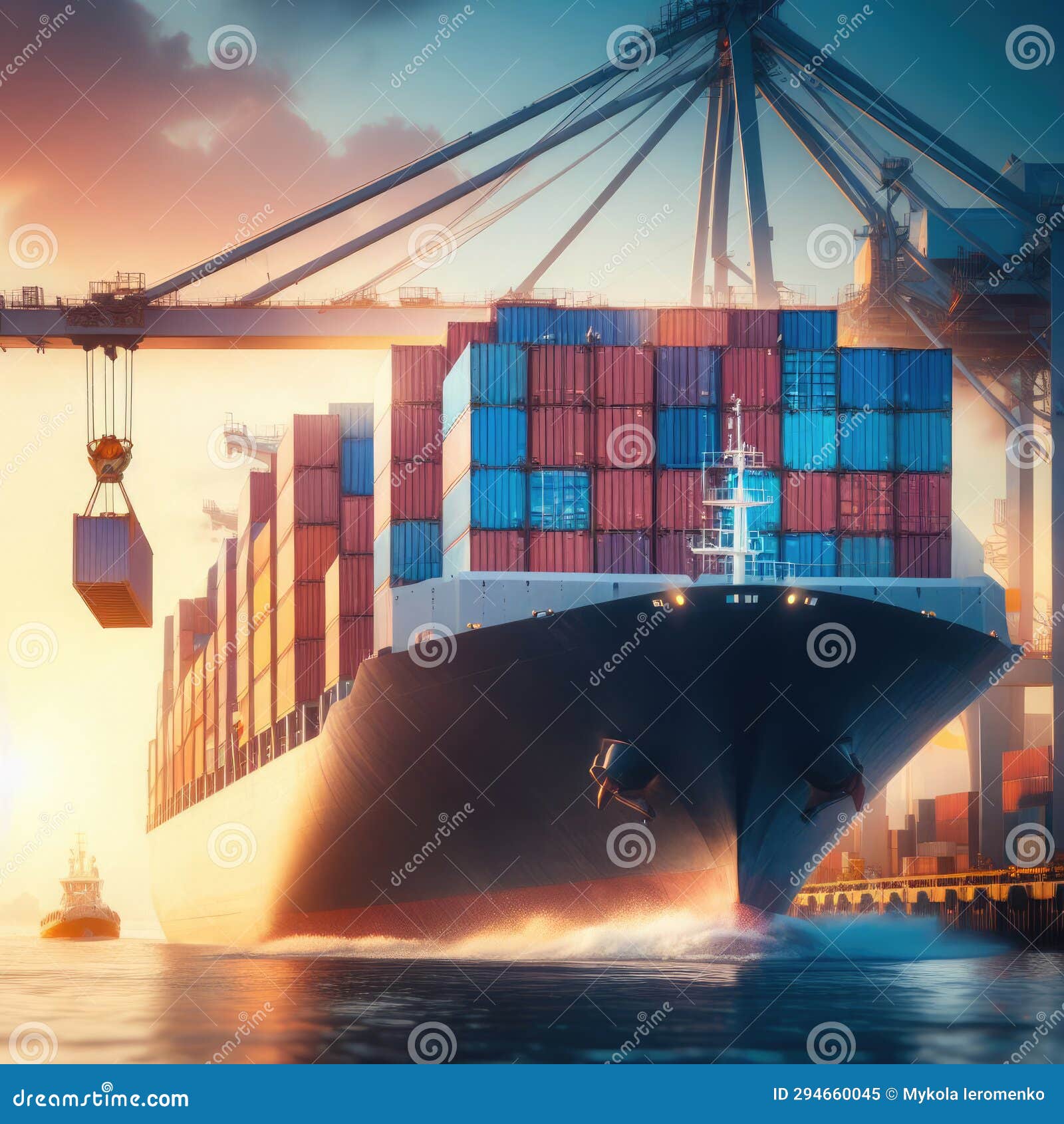Unloading, Loading Cargo Onto a Ship in Port Stock Illustration ...