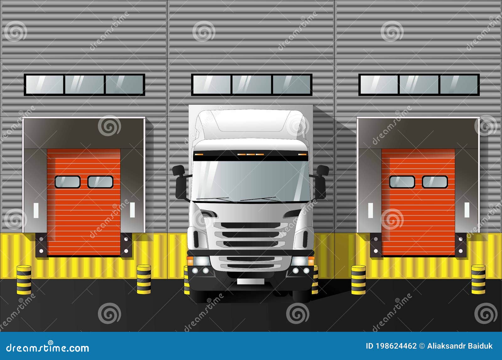 Unloading Trucks at a Modern Warehouse Complex. Vector Stock ...
