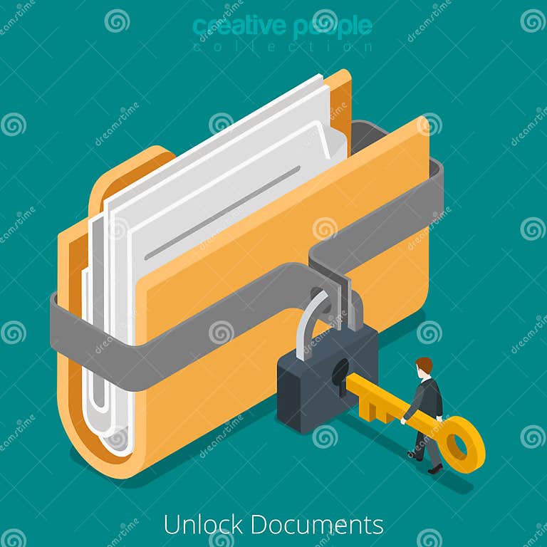 Unlock Folder Secure Data File Document Lock Key Flat Vector 3d Stock ...