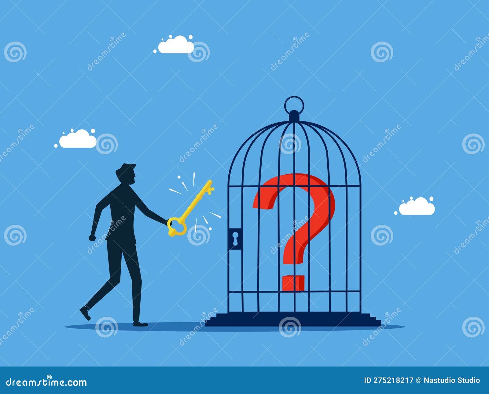 Unlock the Problem. Man Unlocking the Question Mark in the Cage Stock ...