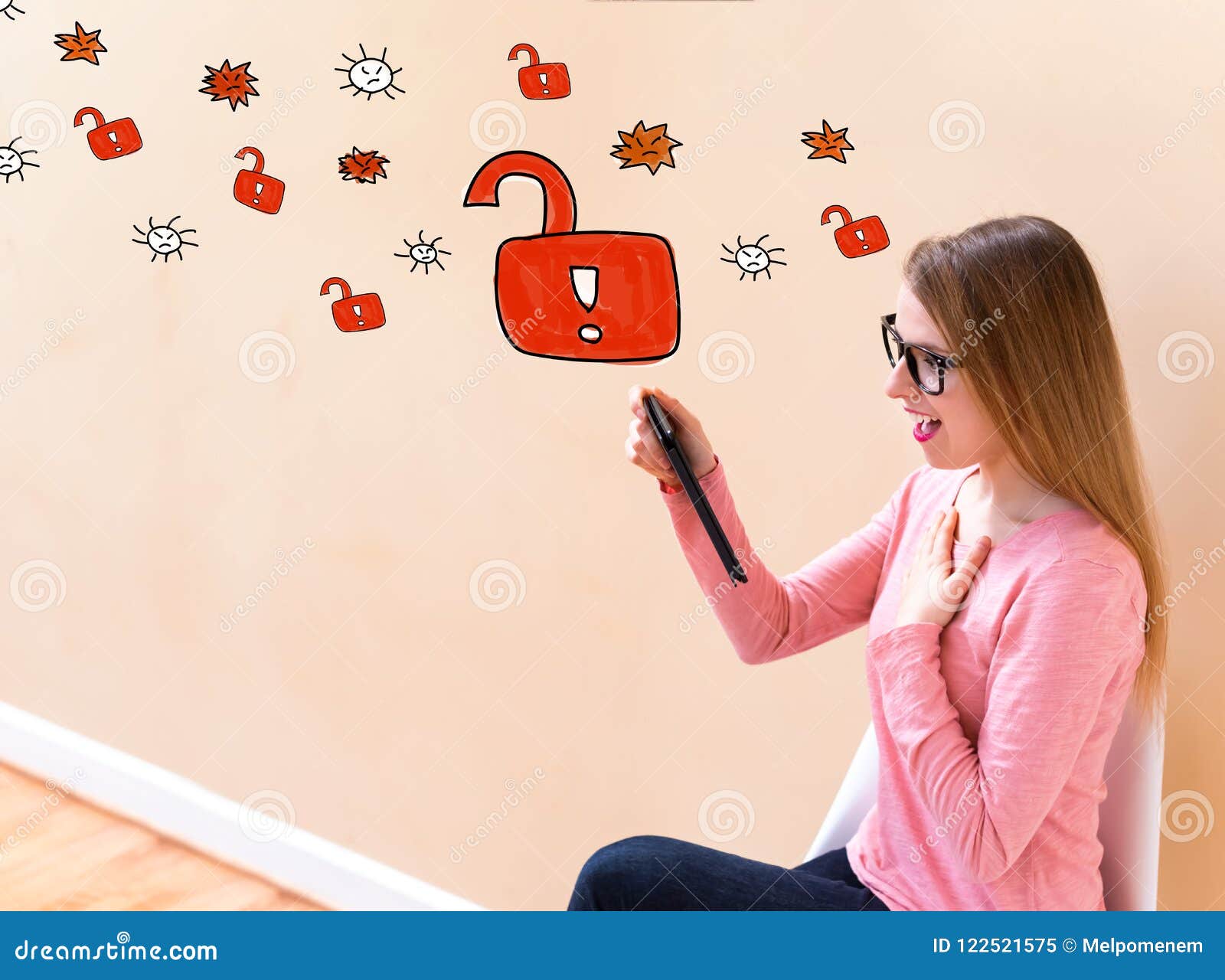 Unlock Theme with Woman Using a Tablet Stock Image - Image of open ...