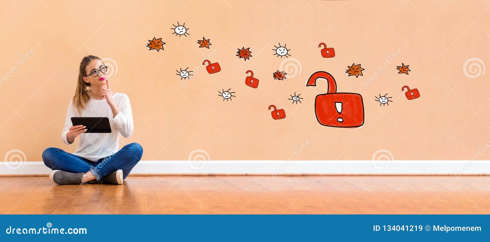 Unlock Theme with Woman Using a Tablet Stock Image - Image of indoors ...