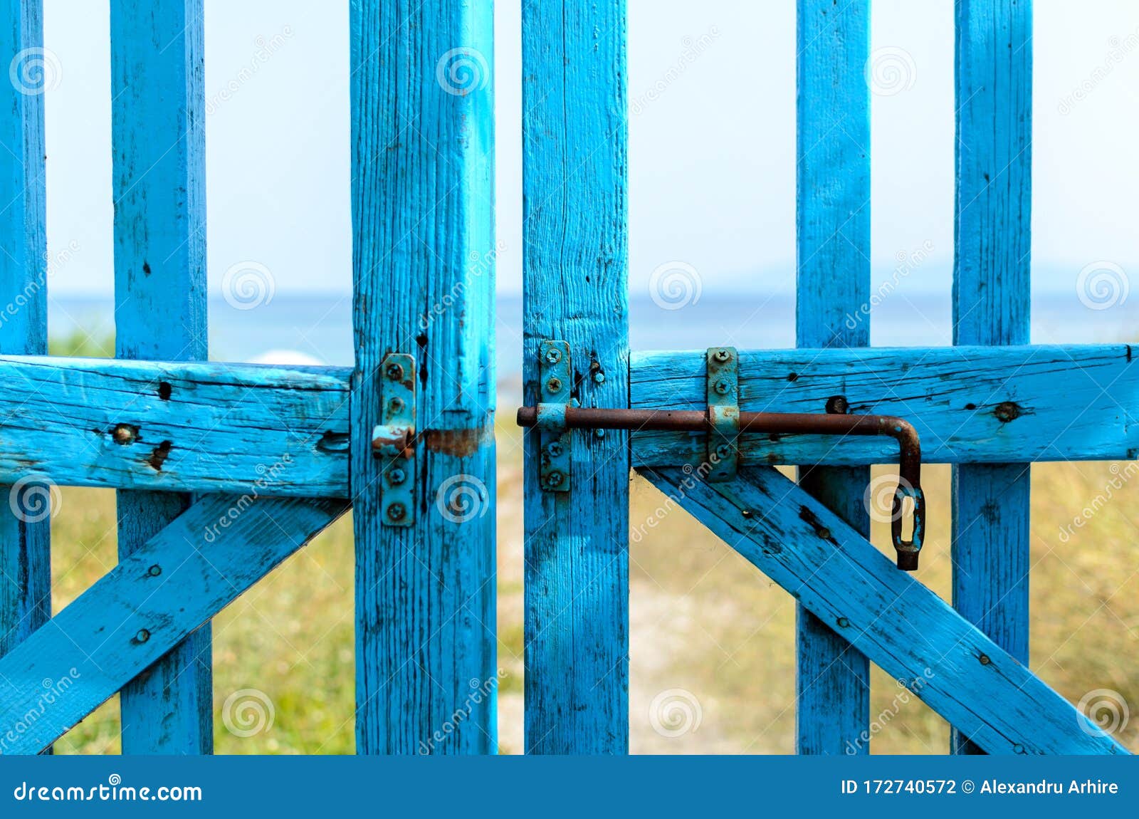 Unlocked Blue Wooden Gate, Pathway To the Sea Stock Photo - Image of ...