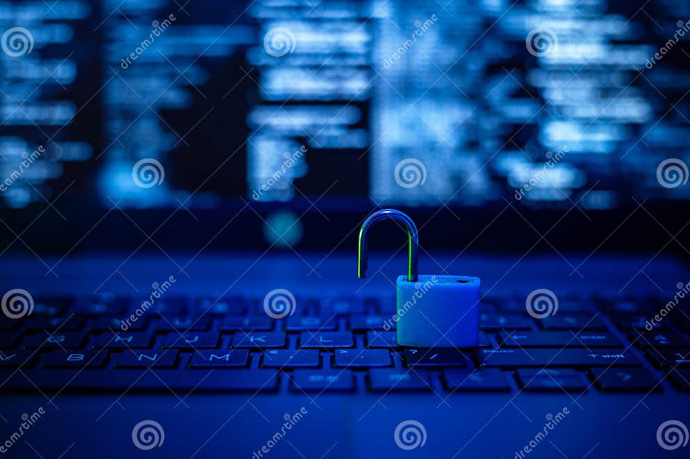 Unlocked Laptop Keyboard with Blue Light and Code in the Background Stock Photo - Image of ...
