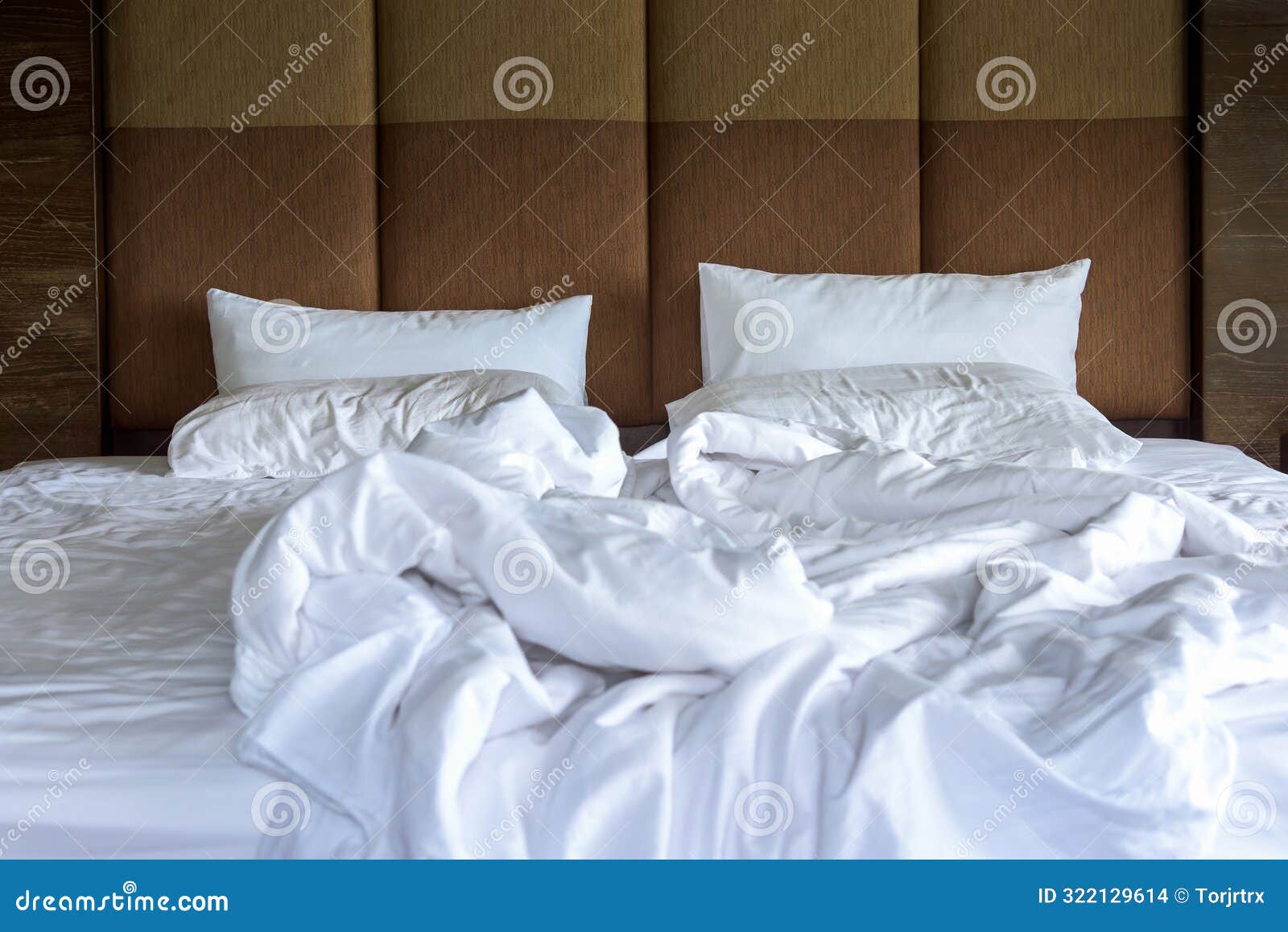 Unmade Bed with White Linens, Crumpled Empty and Messy Bed in Hotel ...