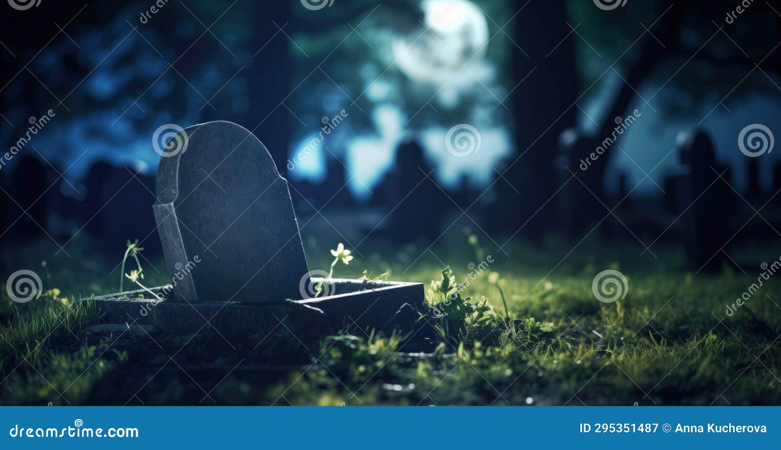 Unmarked Tombstone In A Cemetery Under The Soft Glow Of A Full Moon At ...