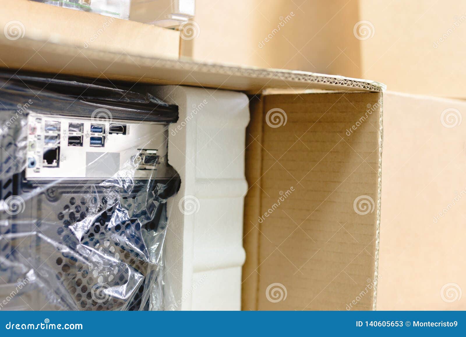 Unpacking Black Personal Computer, Back View, Cellophane Packaging ...