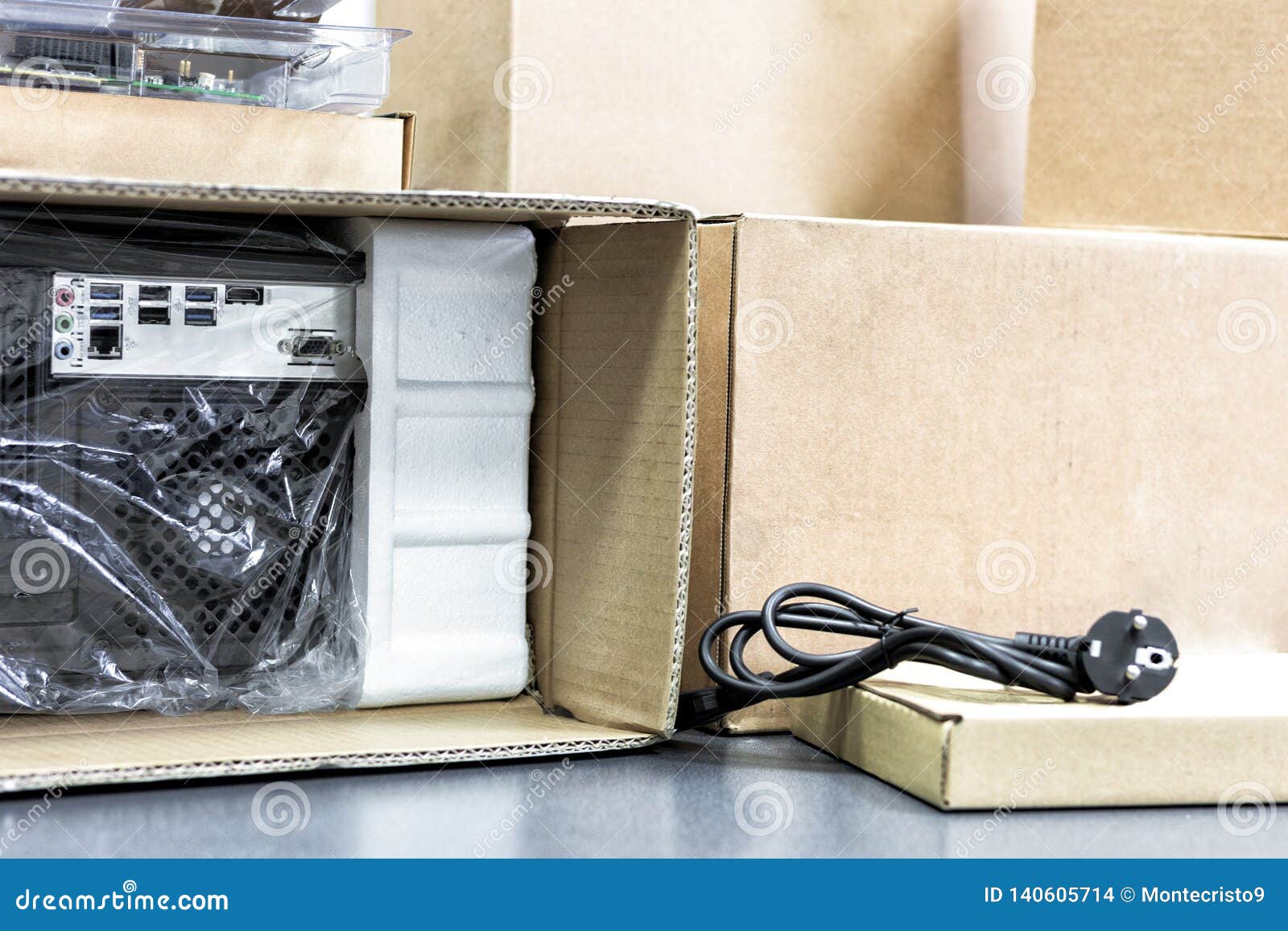 Unpacking Black Personal Computer, Back View, Cellophane Packaging ...