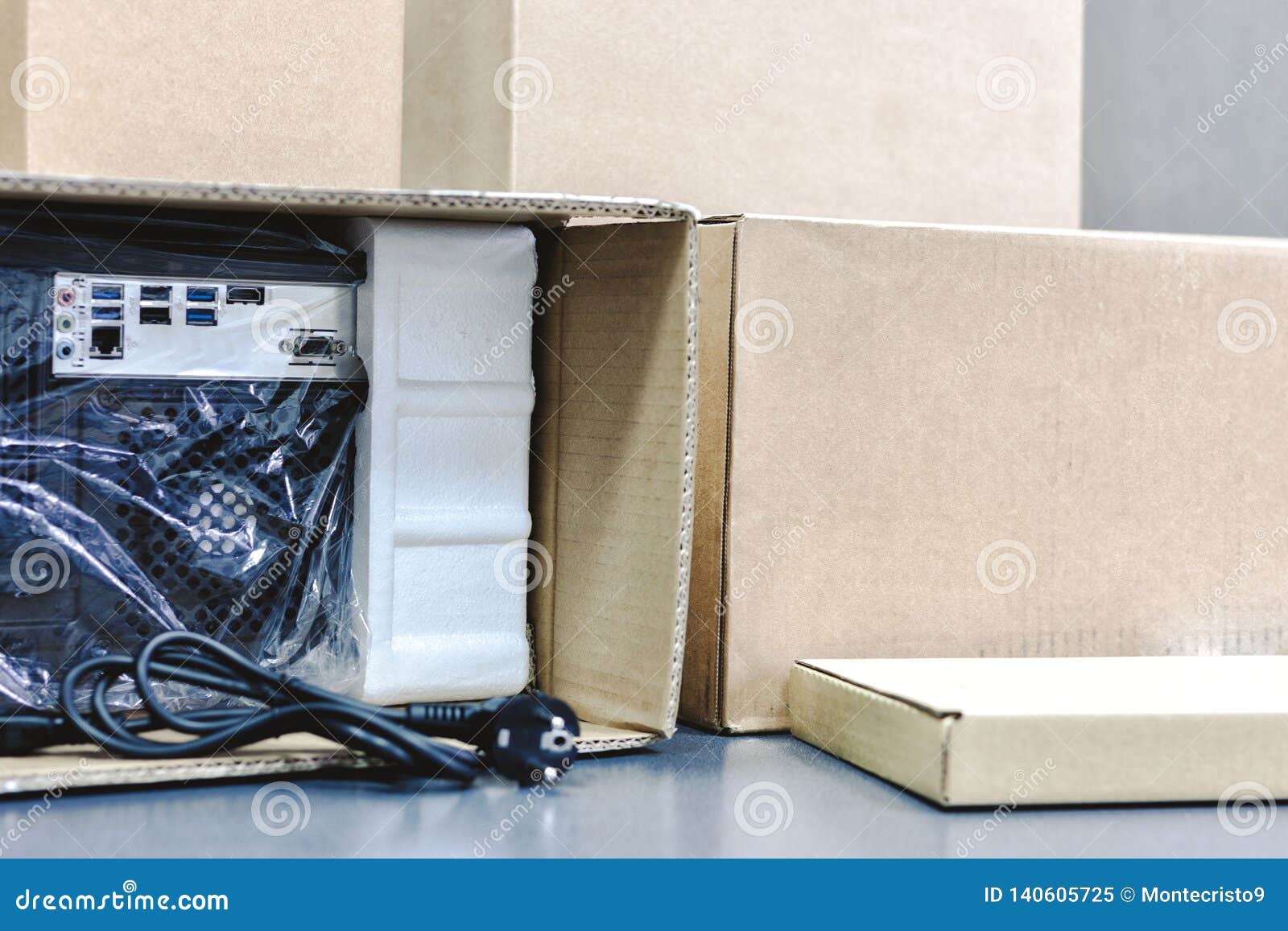 Unpacking Black Personal Computer, Back View, Cellophane Packaging ...