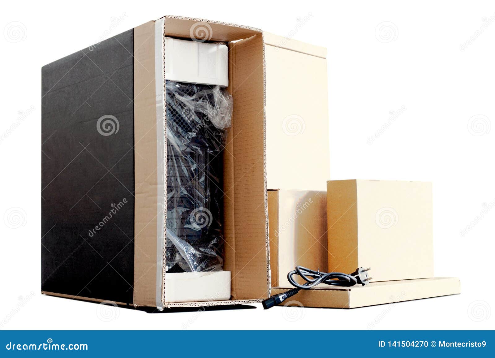 Unpacking Black Personal Computer, Back View, Cellophane Packaging ...