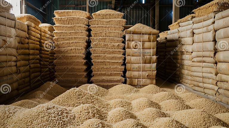 Unprocessed Rice Stacks in White Rice Mill Stock Illustration ...