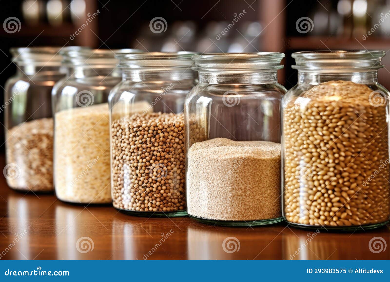 Unprocessed Whole Grains in Glass Jars on a Kitchen Shelf Stock ...