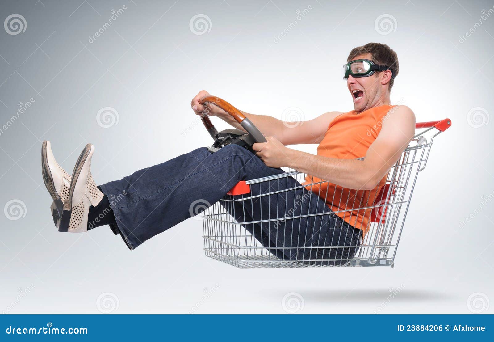 Unreal Crazy Driver in a Shopping-cart with Wheel Stock Photo - Image ...