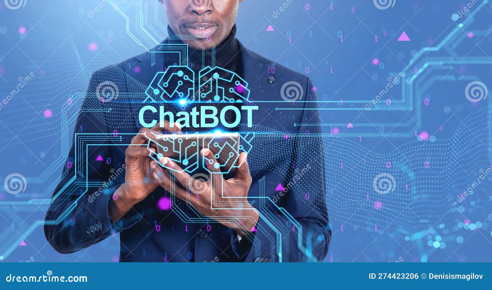 African Man with Tablet, Chatbot Interface Stock Photo - Image of hand ...