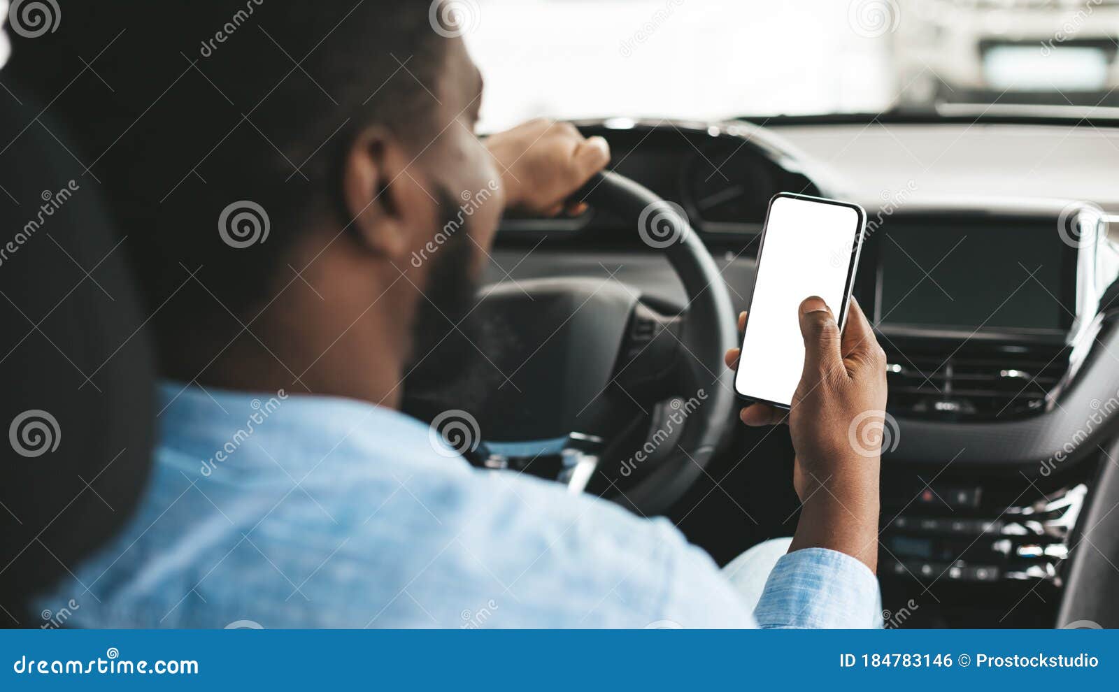 Unrecognizable Black Driver Using Mobile Phone Sitting in Automobile ...