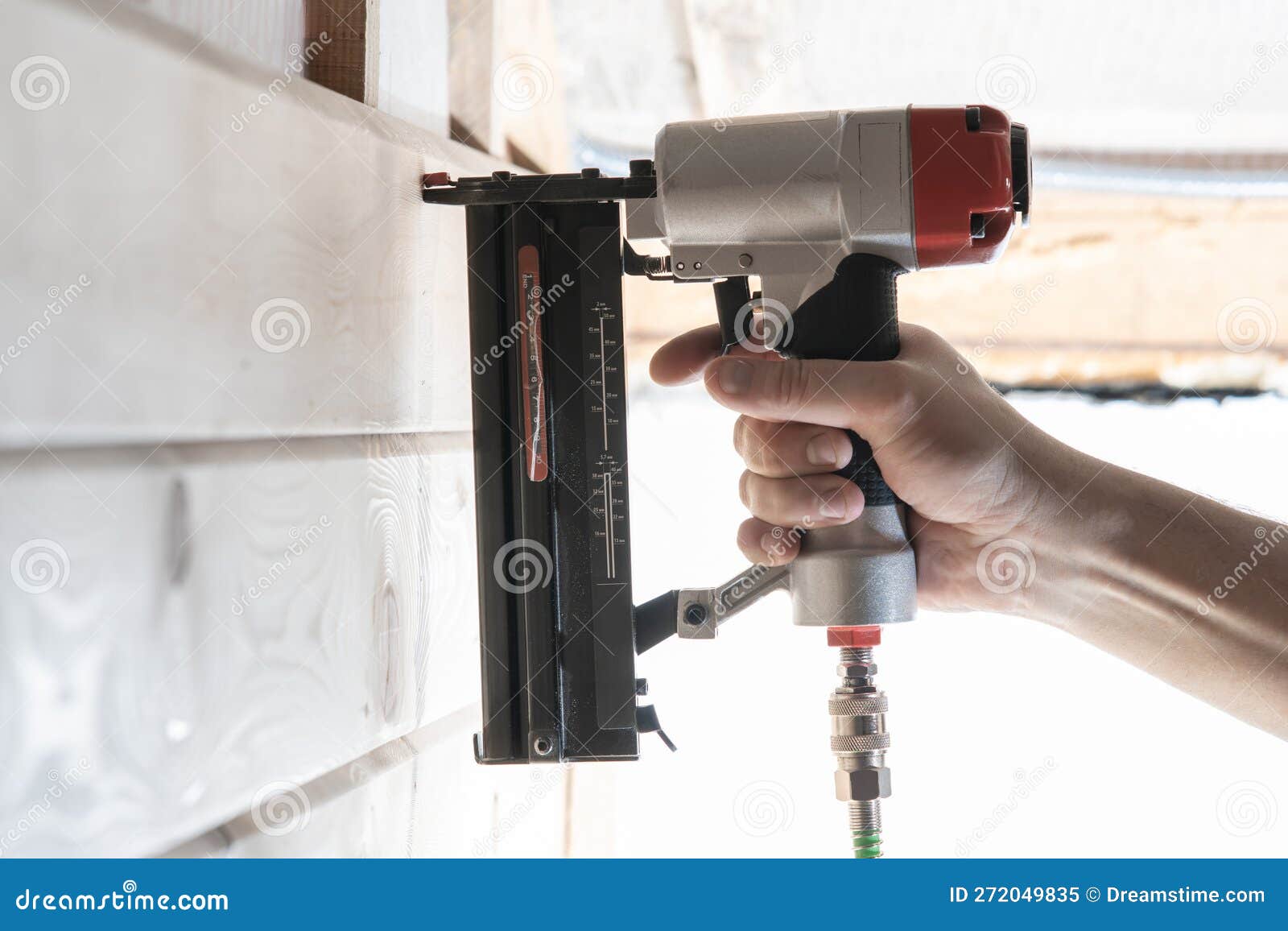 Unrecognizable Builder Worker Hand Using Pneumatic Stapler for Wooden ...