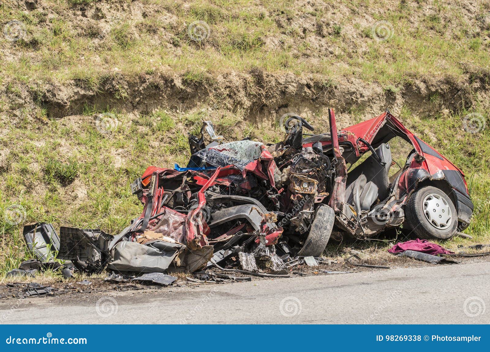 Unrecognizable Car Wreck beside a Road Stock Photo - Image of safety ...