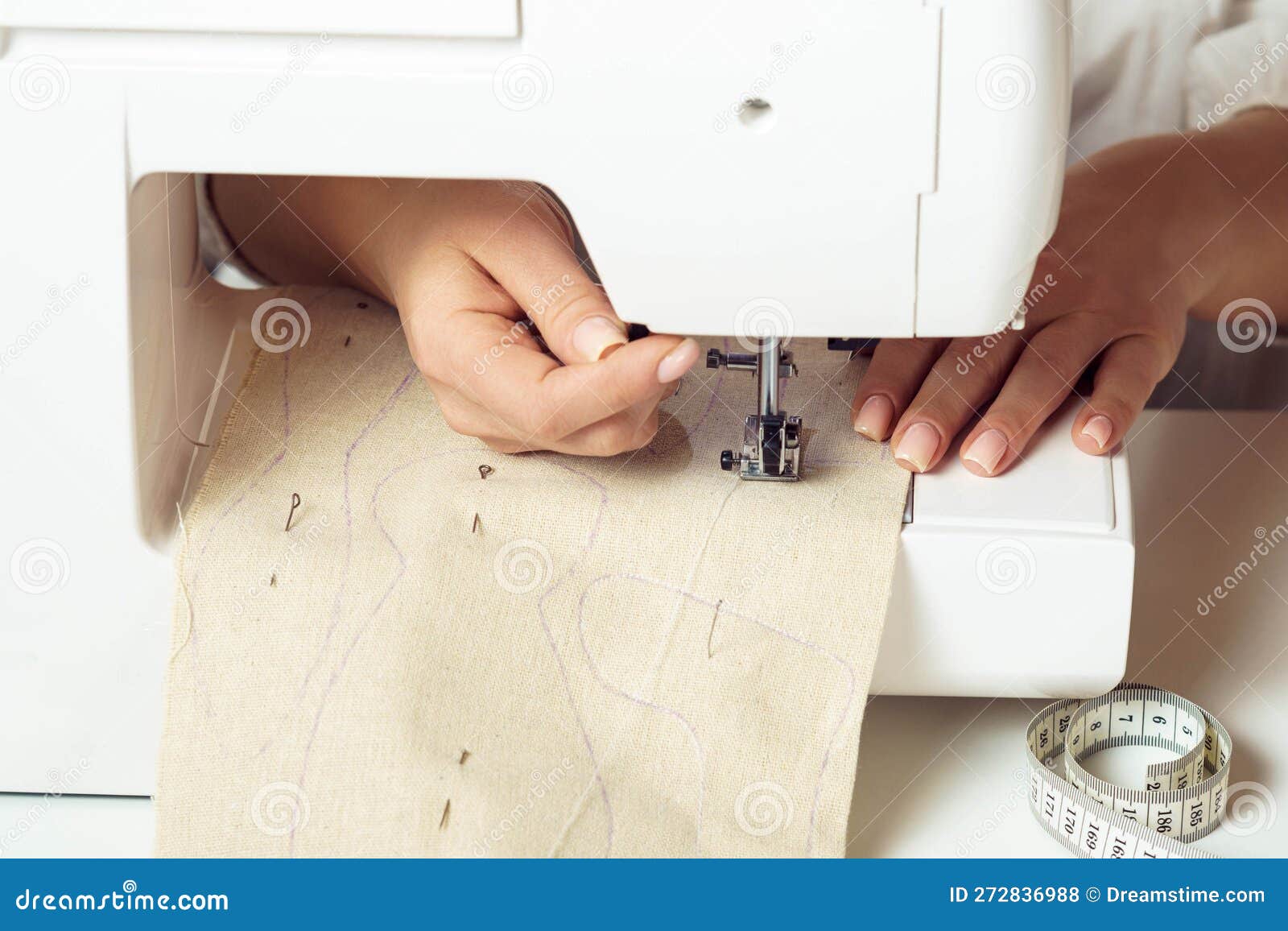Cropped Closeup Hands of Tailor Woman Using Sewing Machine, Inserting ...