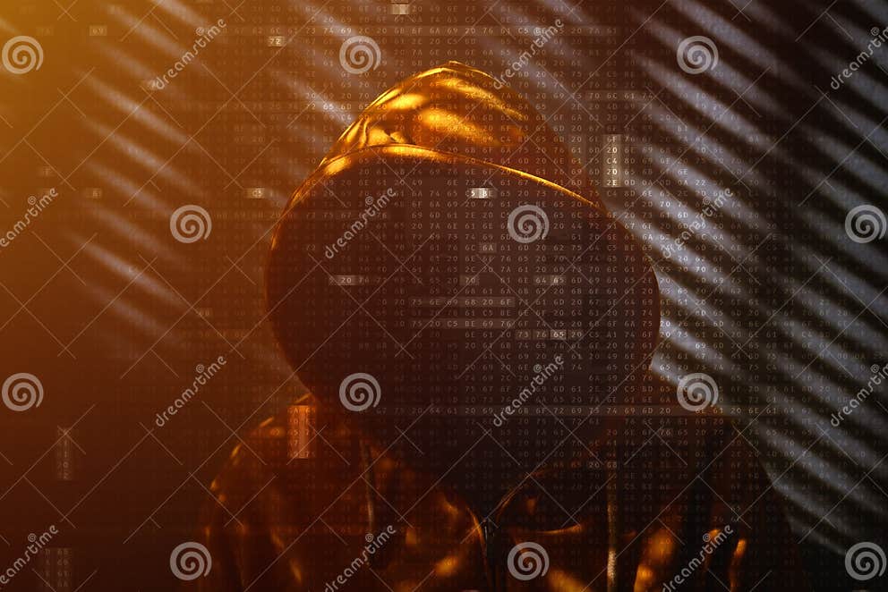 Unrecognizable Computer Hacker Wearing Yellow Hooded Jacket in Dark ...