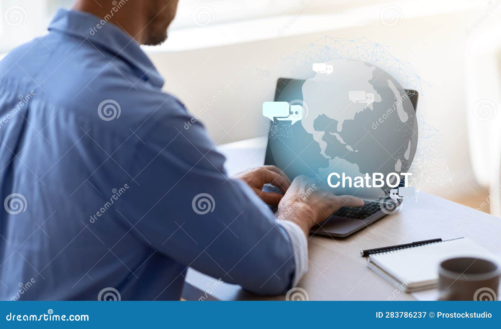 Unrecognizable Entrepreneur Using Chatbot on Laptop at Office Stock ...