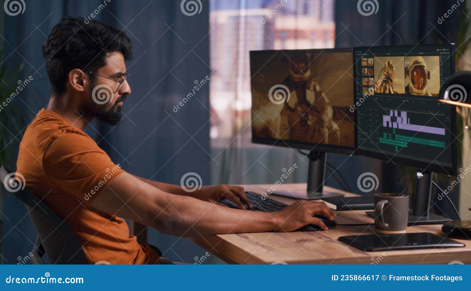 Unrecognizable Guy Editing Astronaut Video Stock Image - Image of ...