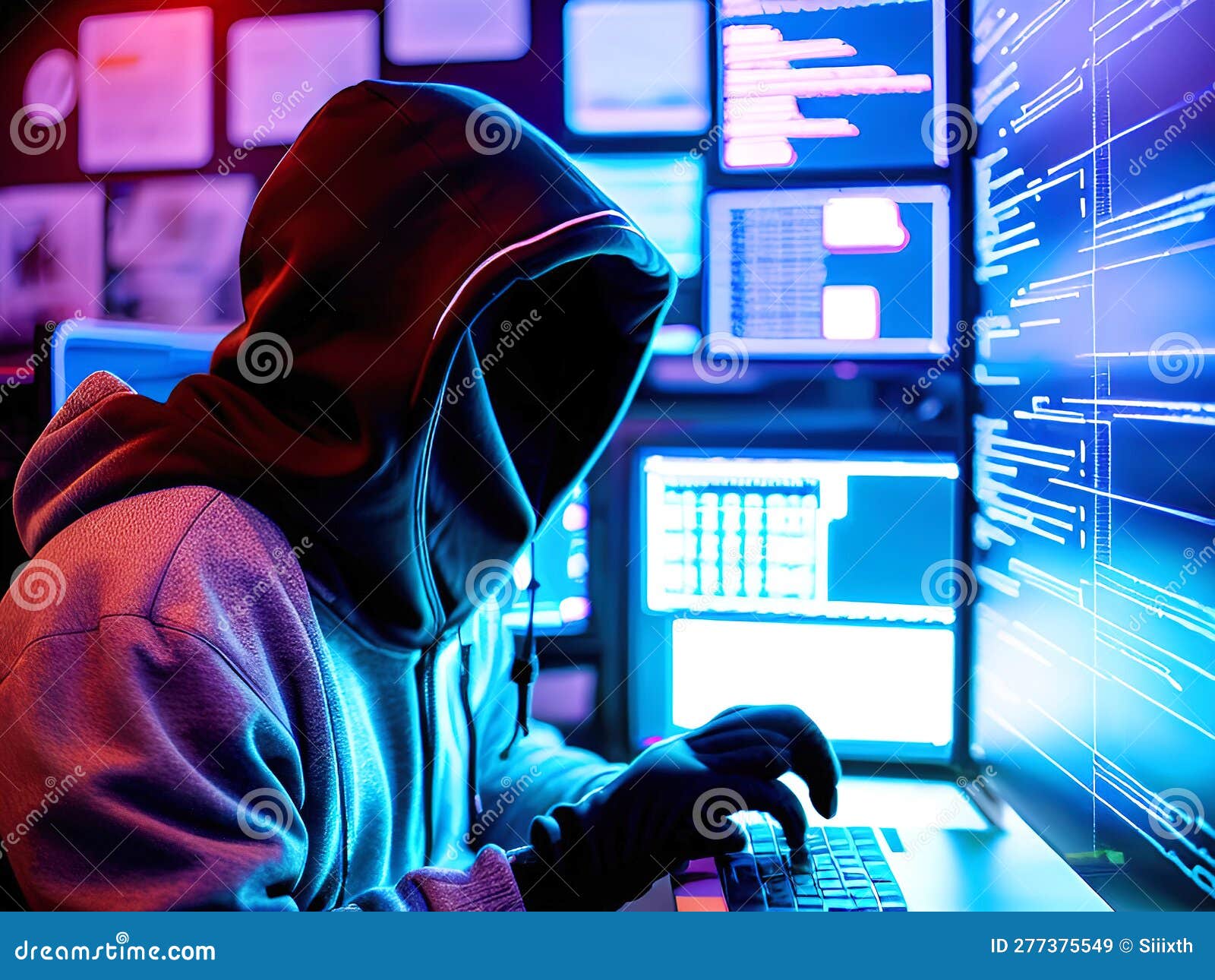 Unrecognizable Male Hacker in Dark Neon Room. Generative AI Stock ...