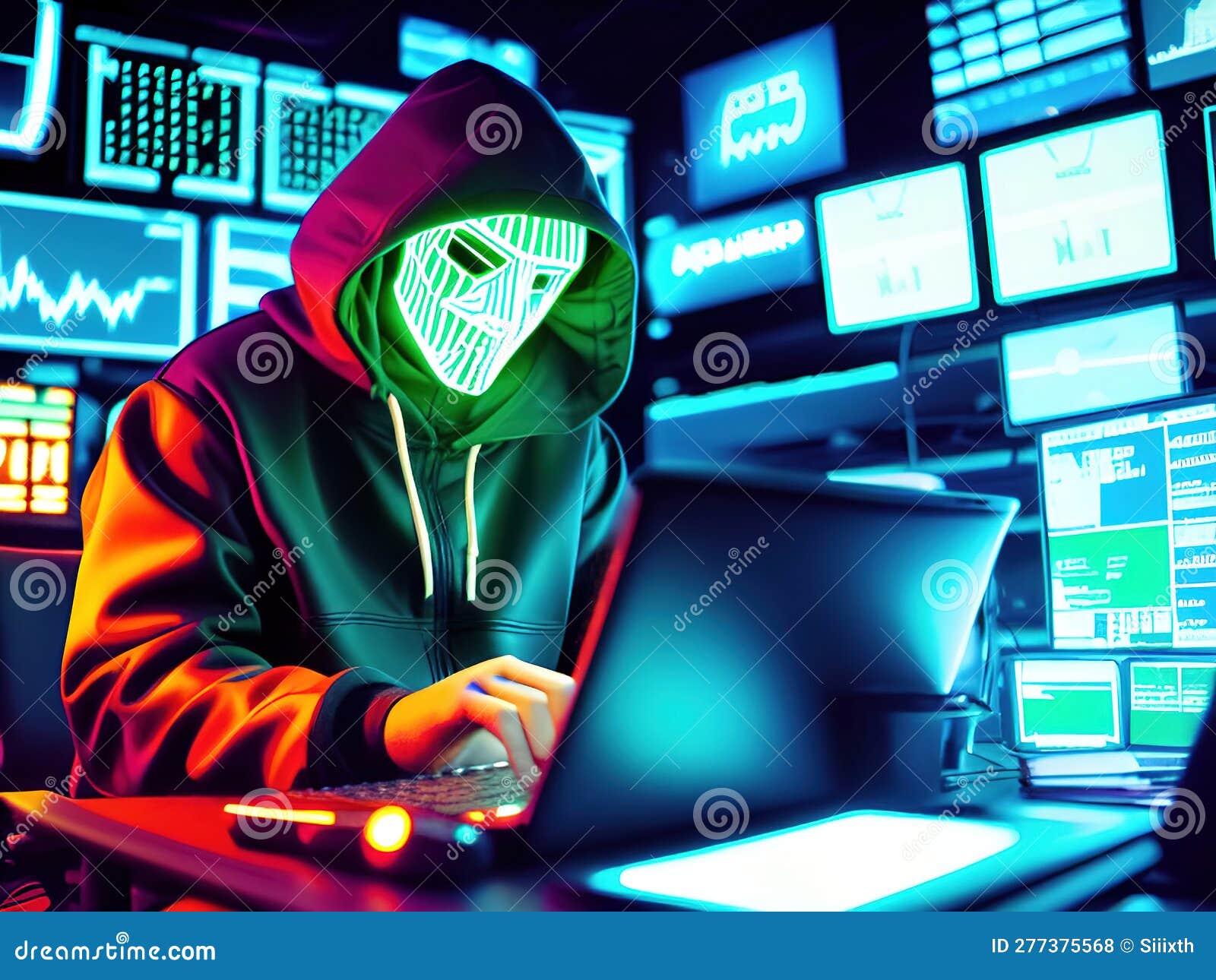 Unrecognizable Male Hacker in Dark Neon Room. Generative AI Stock ...