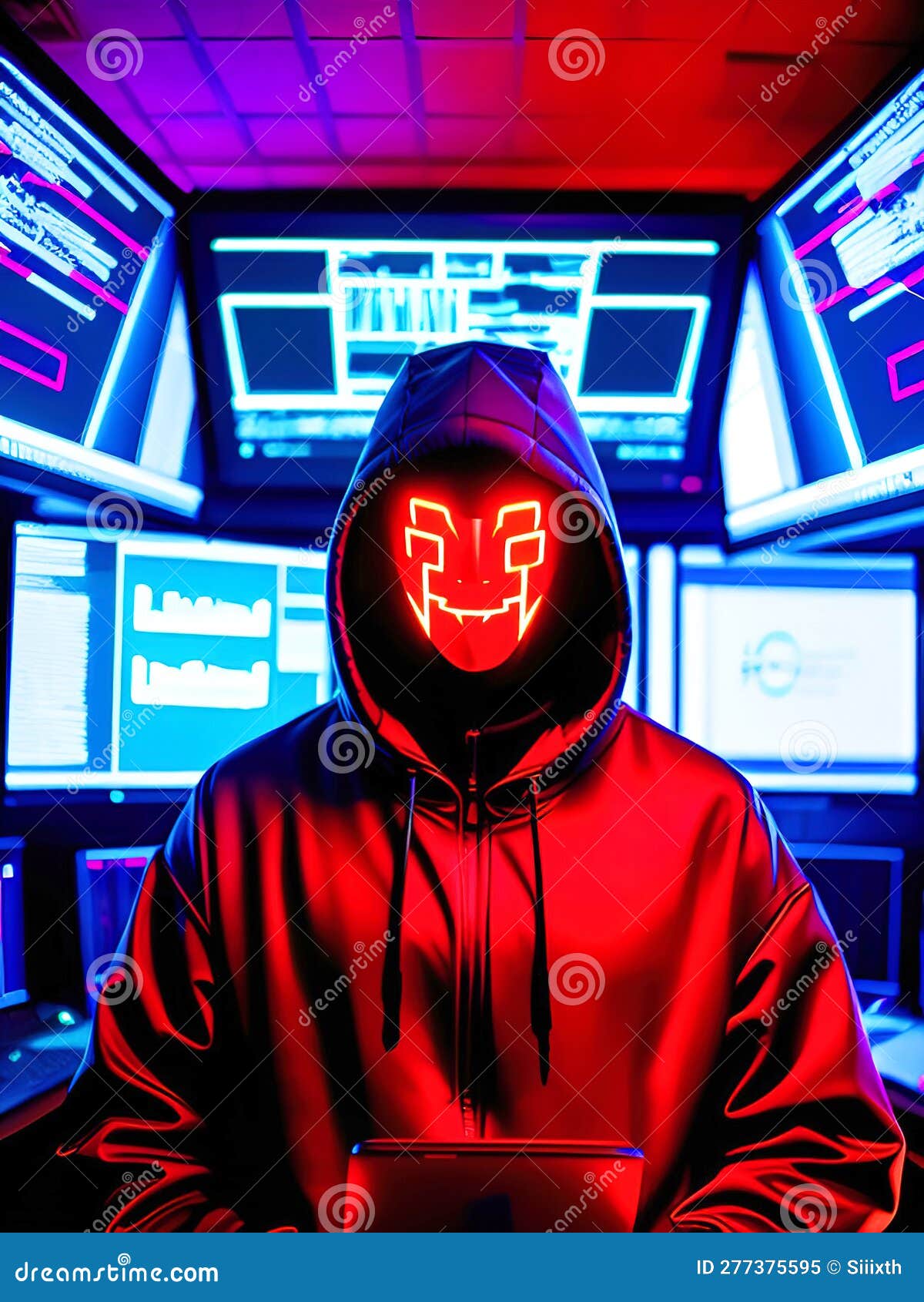 Unrecognizable Male Hacker in Dark Neon Room. Generative AI Stock ...