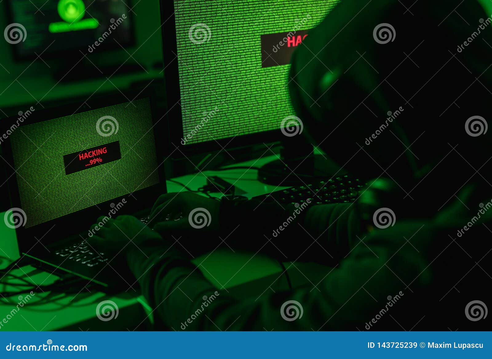 Hacking Of Database With Admin Access Side View Of Hacker Hands In Gloves Typing Malicious Code