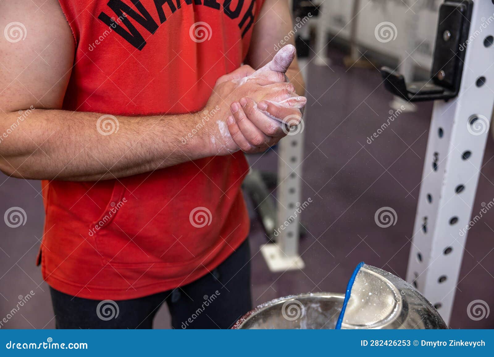 Man Clapping Hands Preparing for Workout at Gym Using Chalk for Plams ...