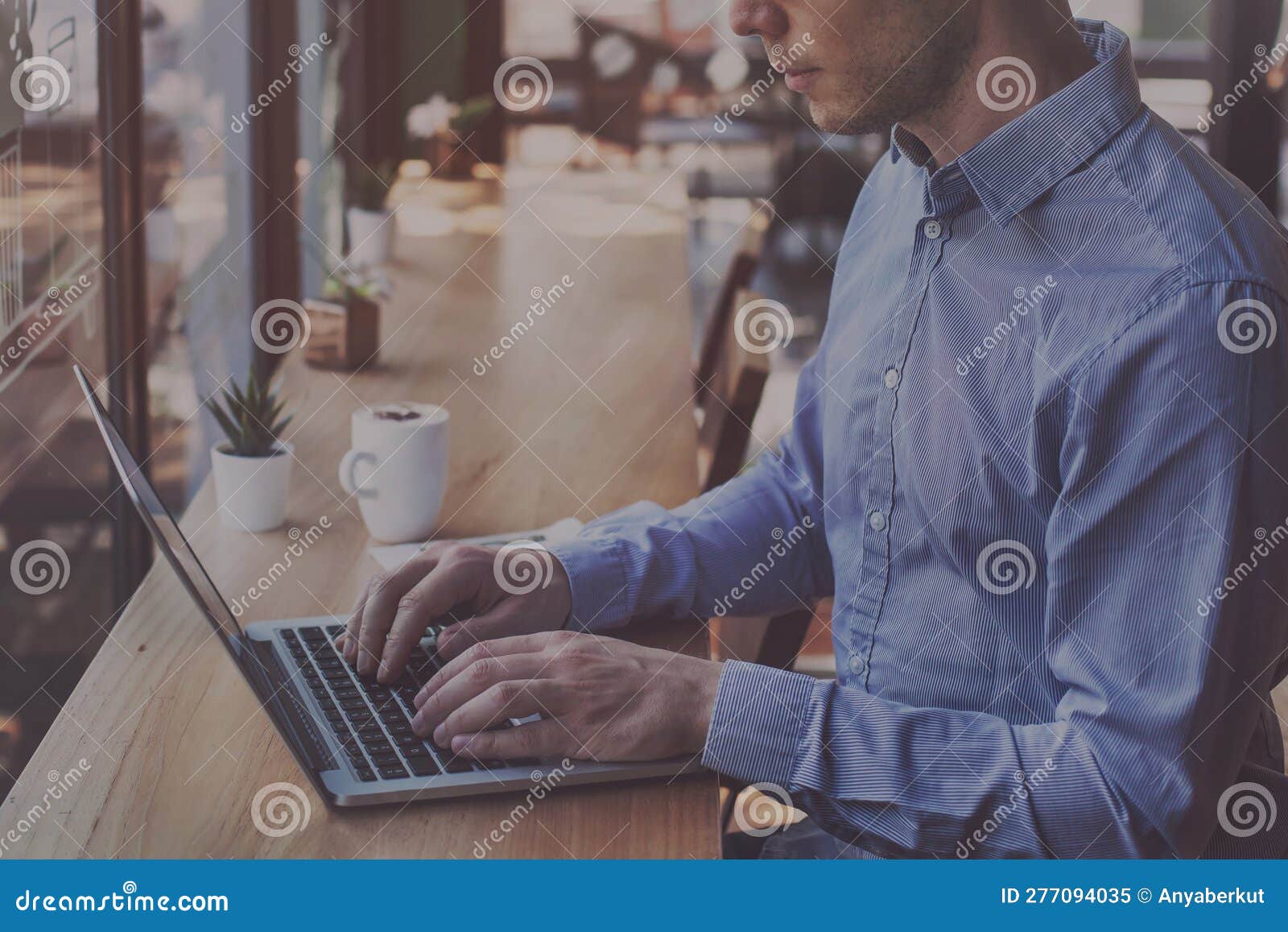 Unrecognizable Person Working on Computer in Cafe, Webinar, Education ...