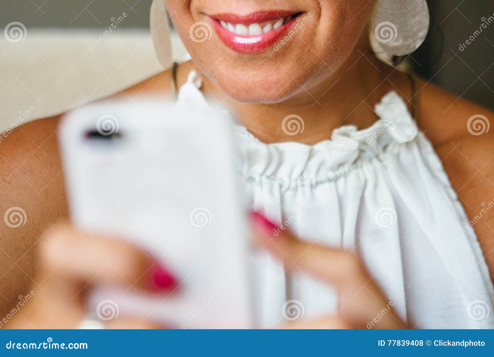 Unrecognizable Smiling Woman Using Smartphone Stock Photo - Image of ...