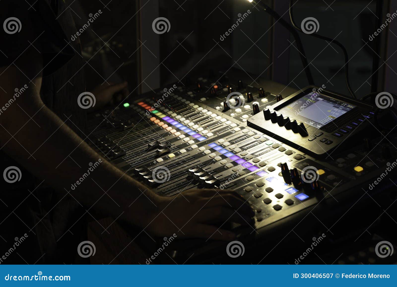 DJ Operating Soundboard Or Mixing Console Use In Sound Recording And ...