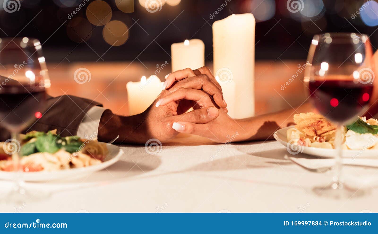 Unrecognizable Spouses Holding Hands Interlocking Fingers on Table in ...