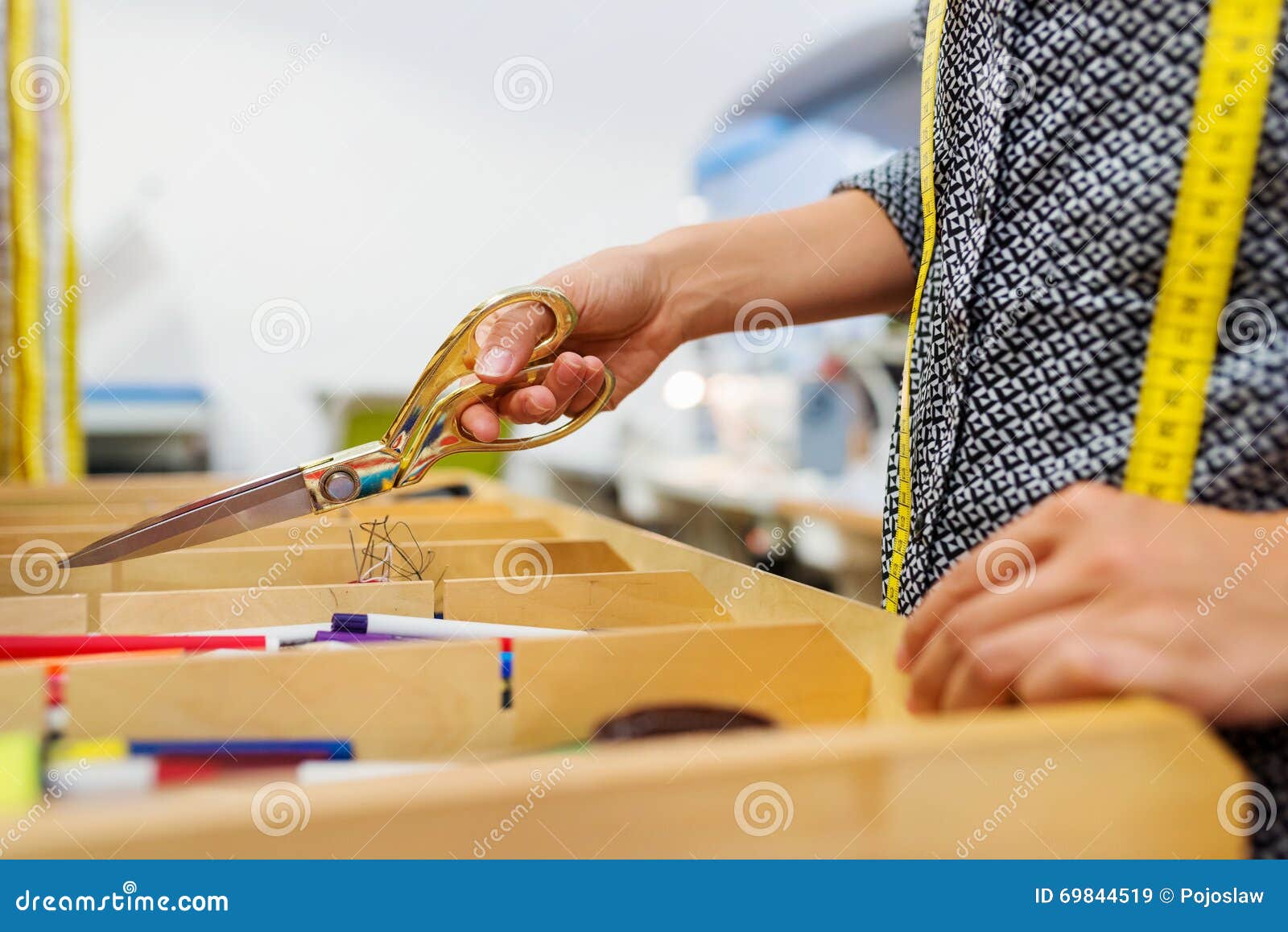 Unrecognizable Tailor Woman Taking Scissors Out of a Drawer Stock Image ...