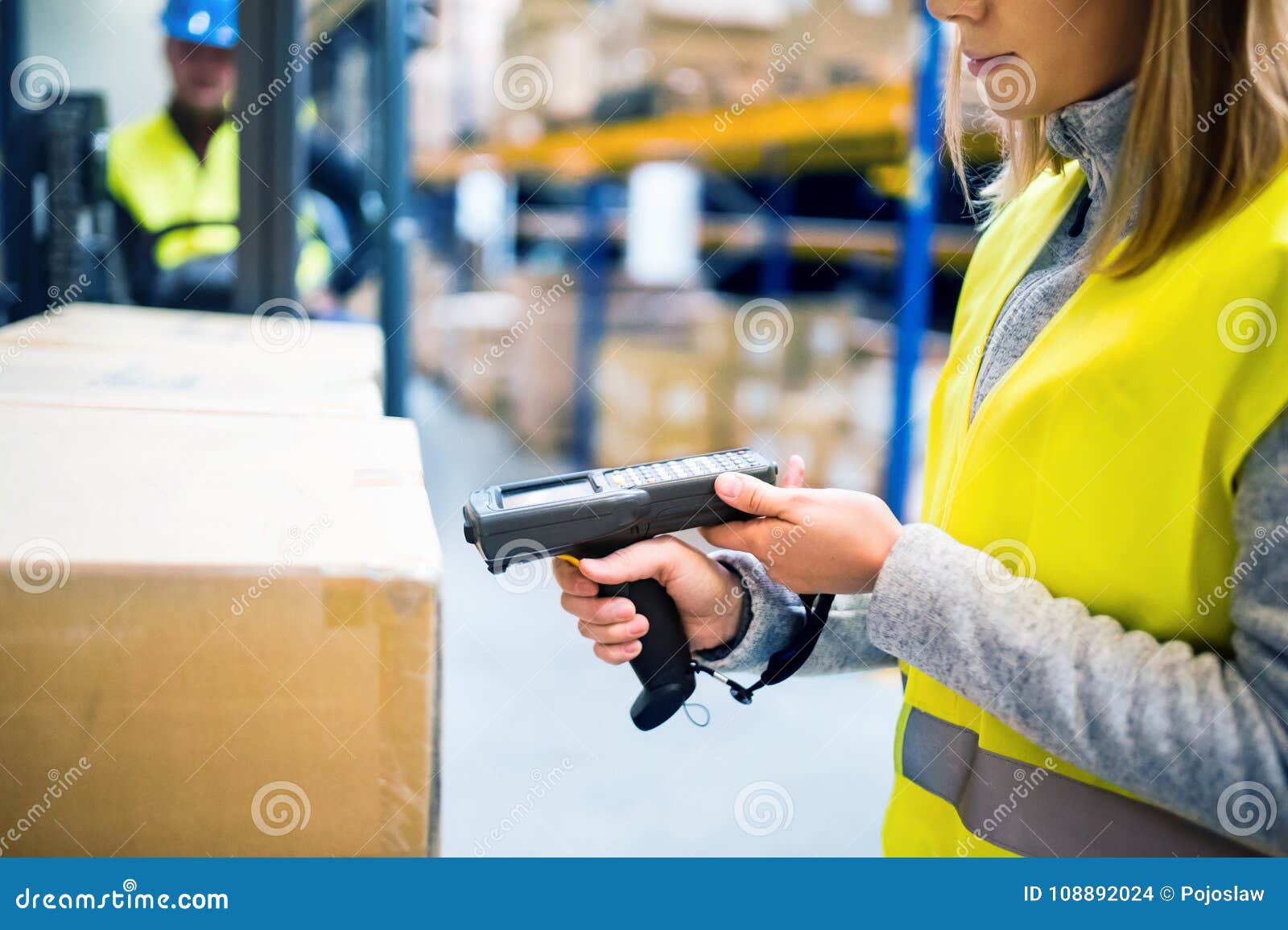 Warehouse Woman Worker with Barcode Scanner. Stock Photo - Image of ...