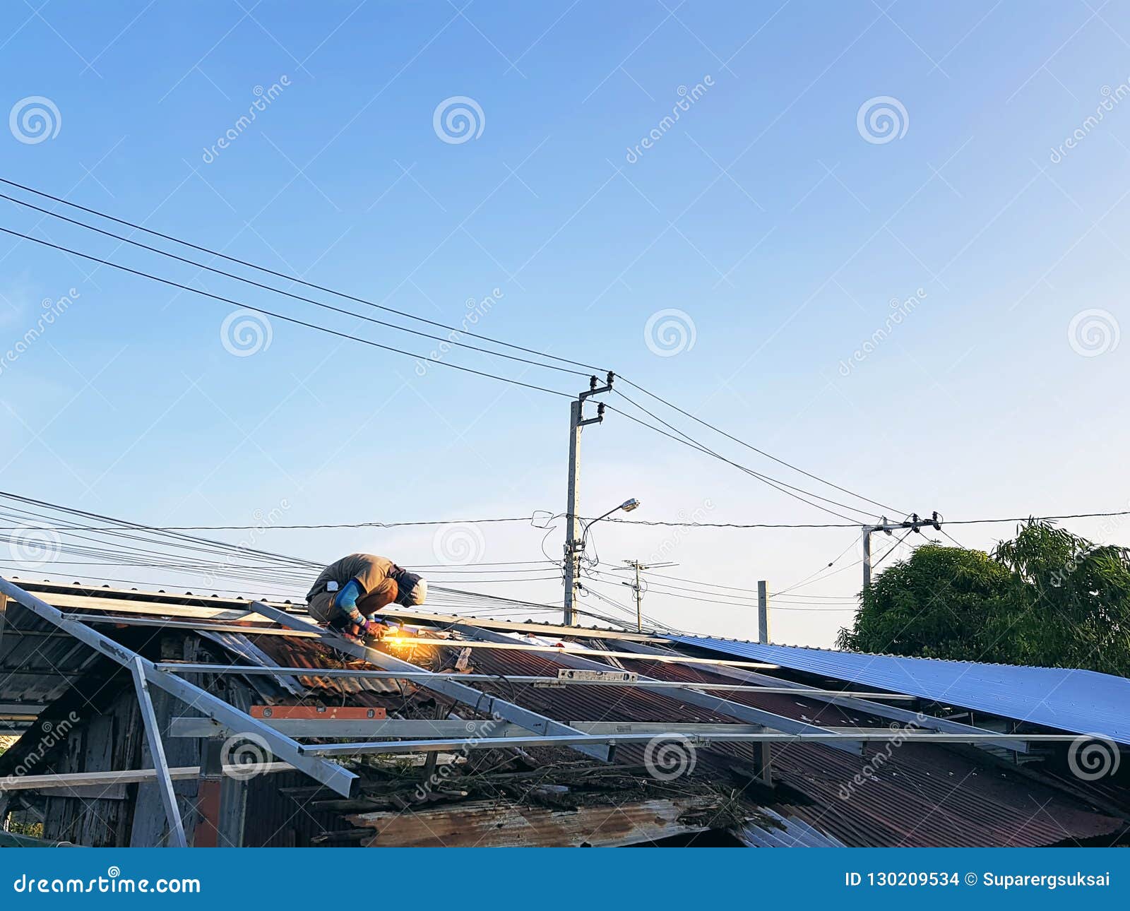 Unrecognized Worker Welding Steel Frames of Roof Structure Stock Photo ...