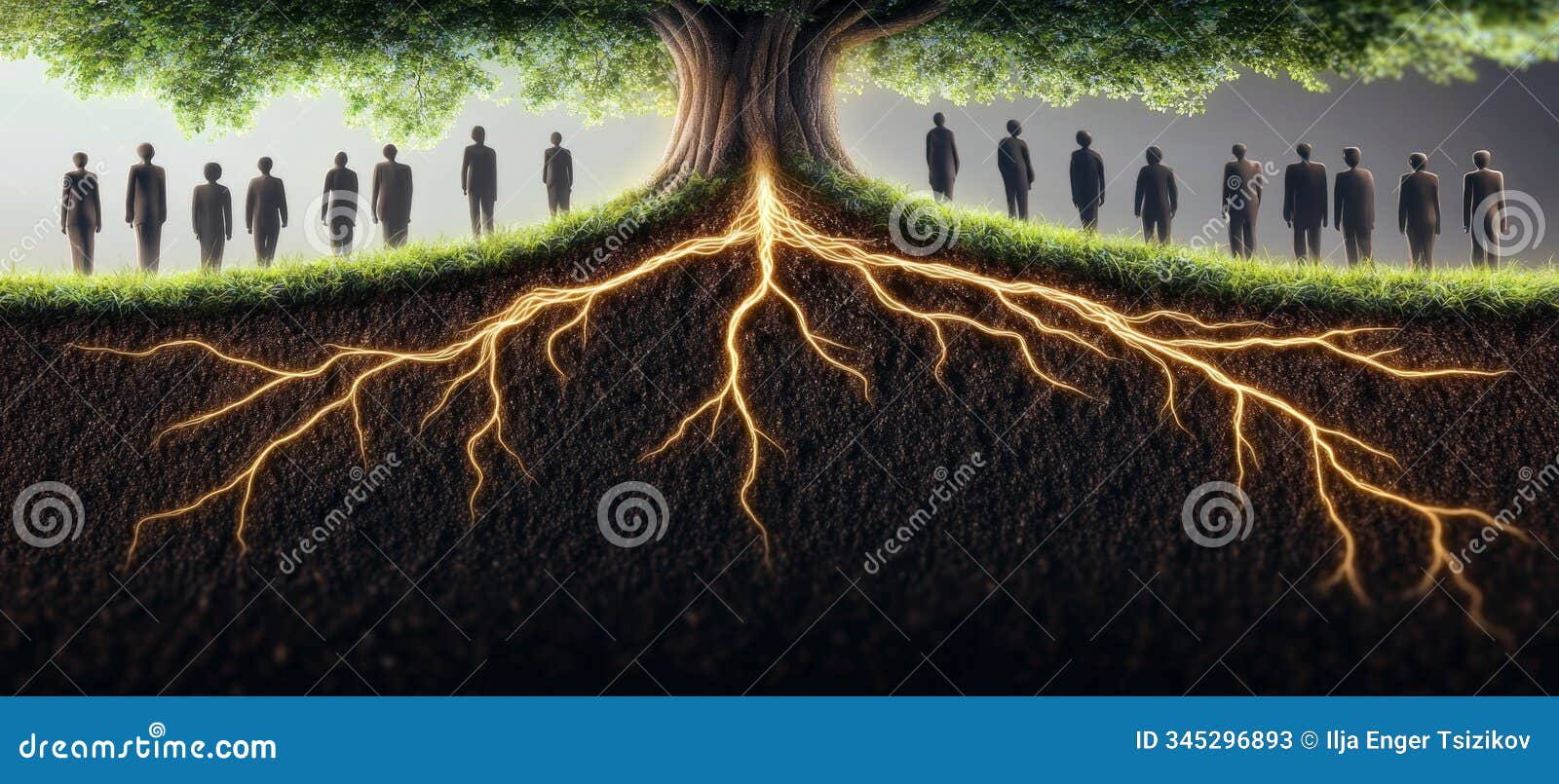 Unseen Connections Binding Us Together. People Connected by a Massive Glowing Network of Roots ...