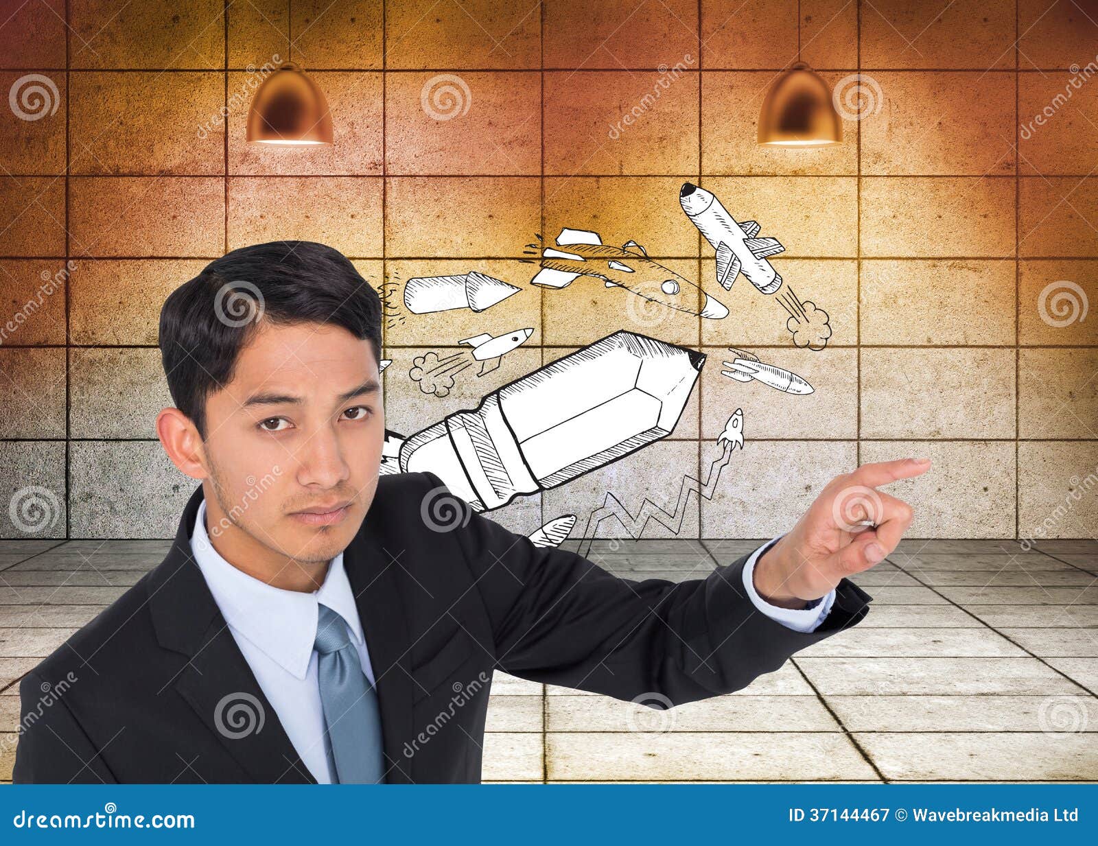 Unsmiling Asian Businessman Pointing Stock Image - Image of composite ...